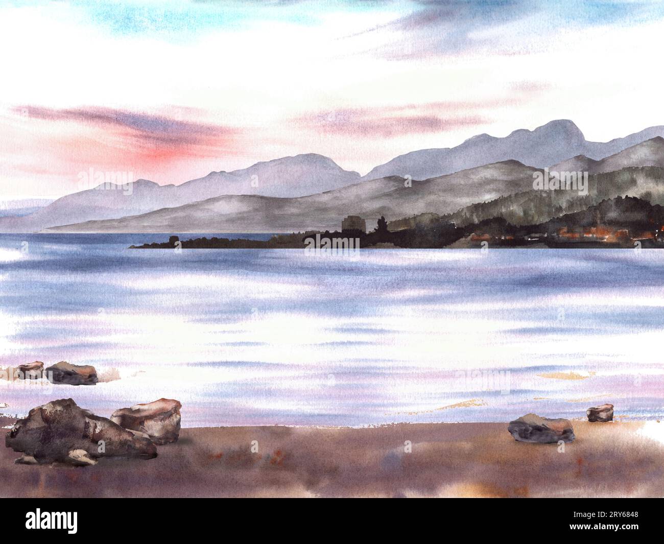 Nautical watercolor landscape. Adriatic seascape with sunset, mountain ...