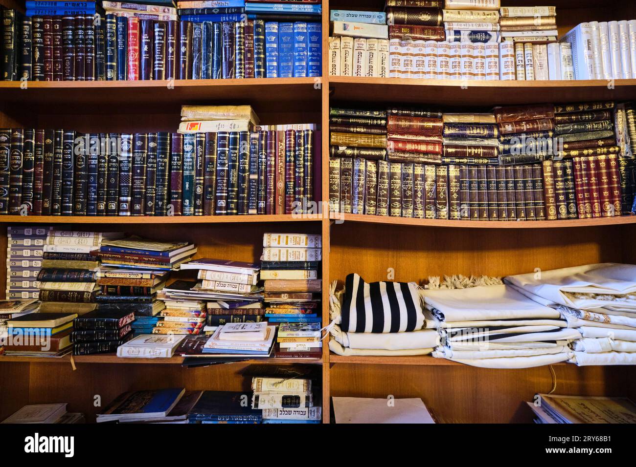 Interior view of the main prayer room, view of a bookshelf with prayer ...