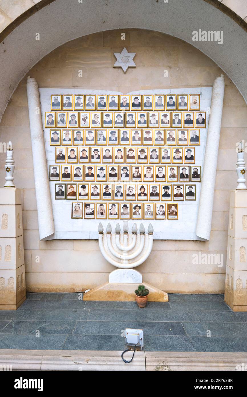 Exterior area with a large collection of photographs of past rabbis ...