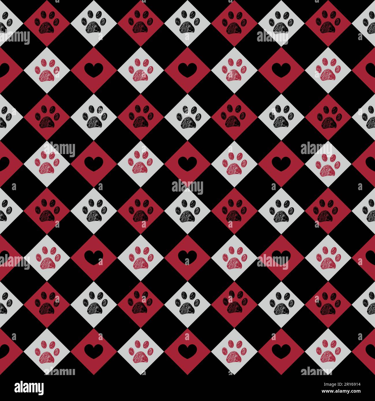 Plaid check heart pattern with paw prints. Seamless fabric design ...