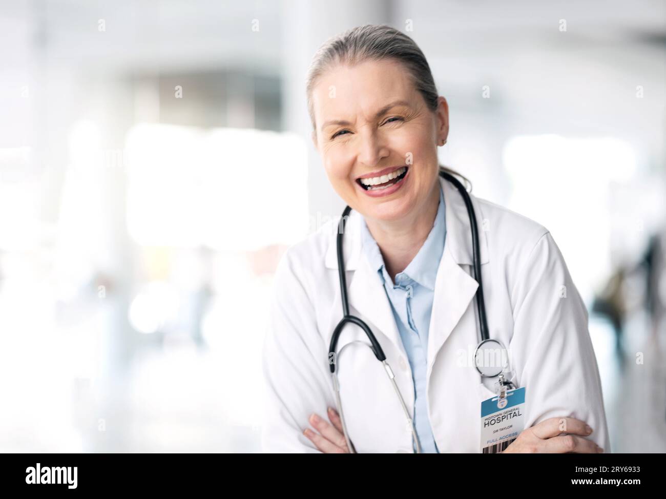 Stethoscope, senior laughing and woman doctor with healthcare, medical ...