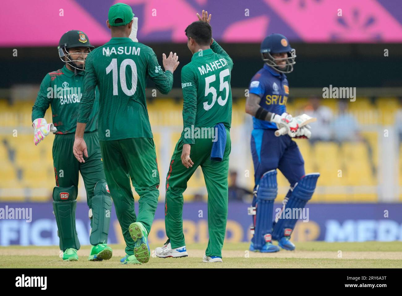 Bangladesh's players celebrate the wicket of Sri Lanka's Pathum ...