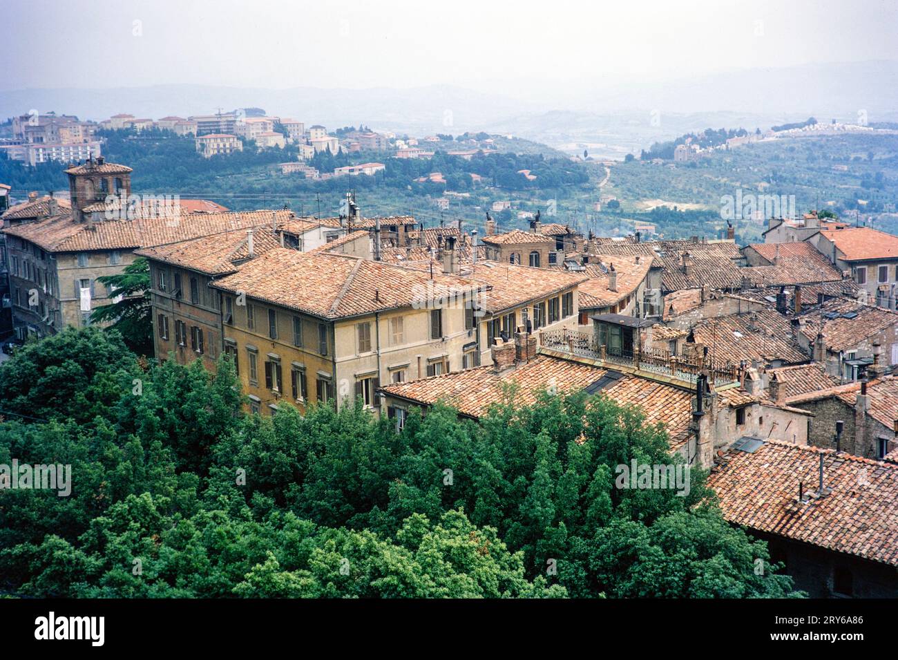 Rooftops of historic buildings in city of Perugia, Umbria, Italy 1969 ...