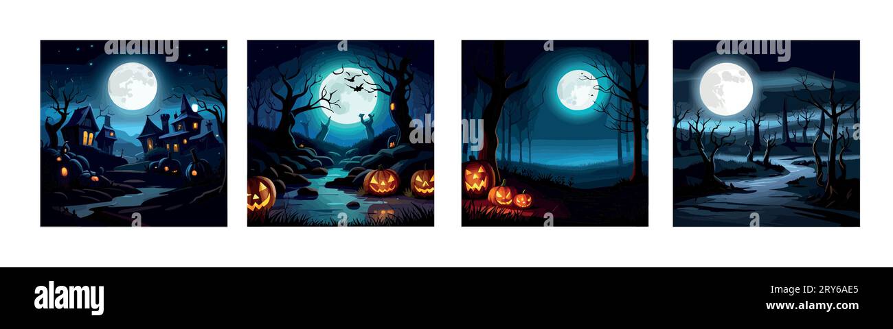 Set banner Halloween spooky scary pumpkins scene. Scary creepy forest ...