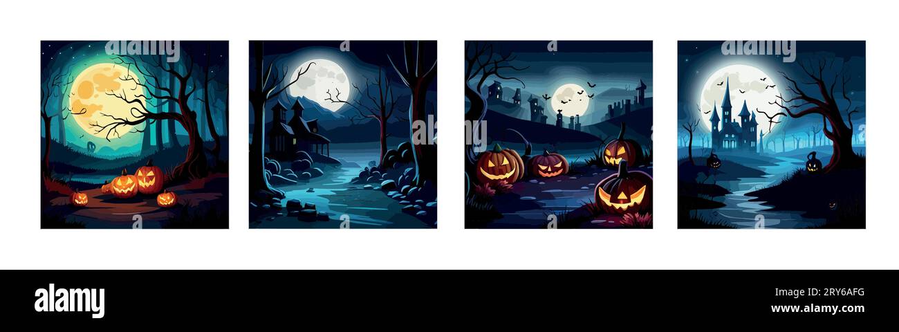 Set banner Halloween spooky scary pumpkins scene. Scary creepy forest ...