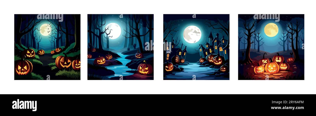 Set banner Halloween spooky scary pumpkins scene. Scary creepy forest ...