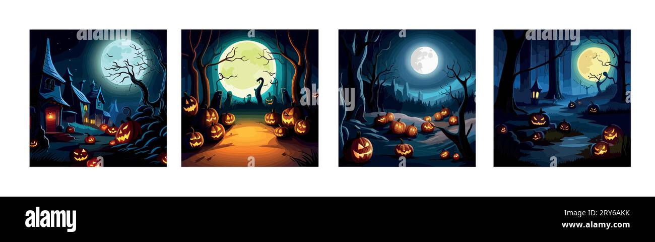 Set banner Halloween spooky scary pumpkins scene. Scary creepy forest ...