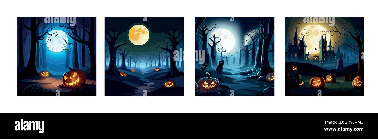 Set banner Halloween spooky scary pumpkins scene. Scary creepy forest ...