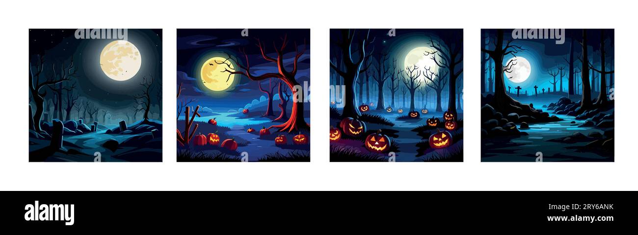 Set banner Halloween spooky scary pumpkins scene. Scary creepy forest ...