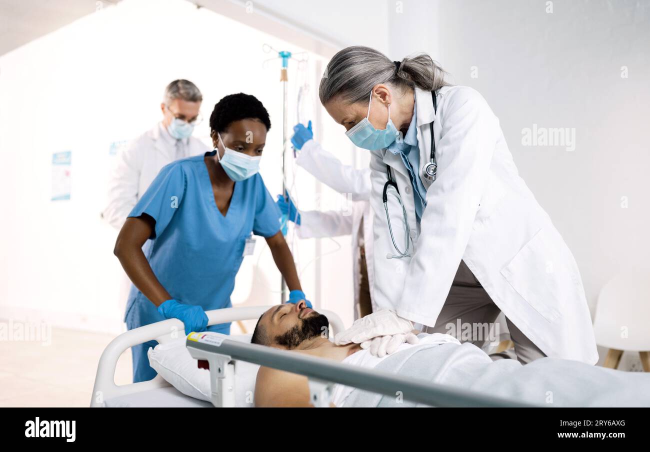 CPR, emergency and doctor with patient for first aid, medical service ...