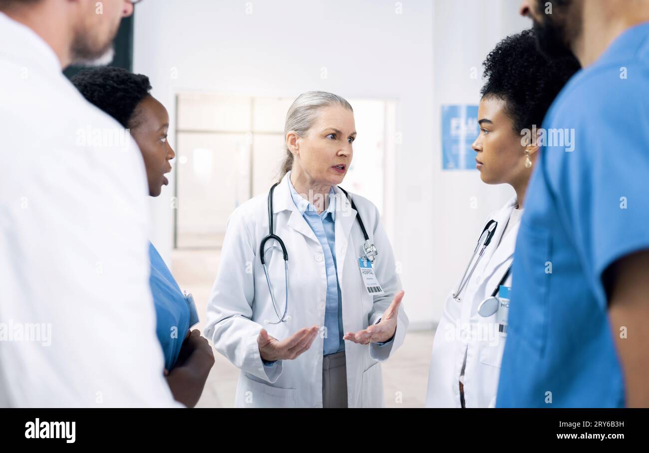 Doctors, nurses and group for medical planning and speaking of workflow ...