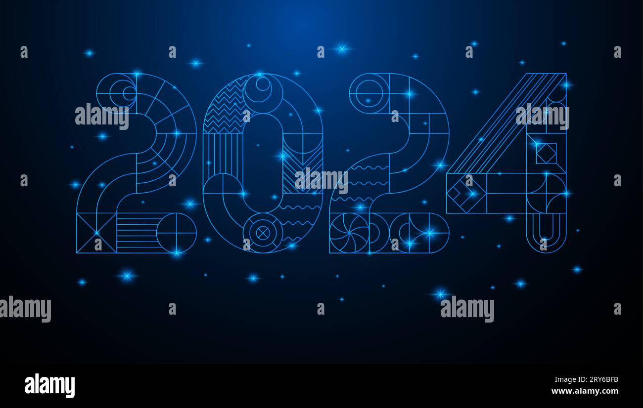 Blue neon light 2024 modern geometric New Year card. Grid based design ...