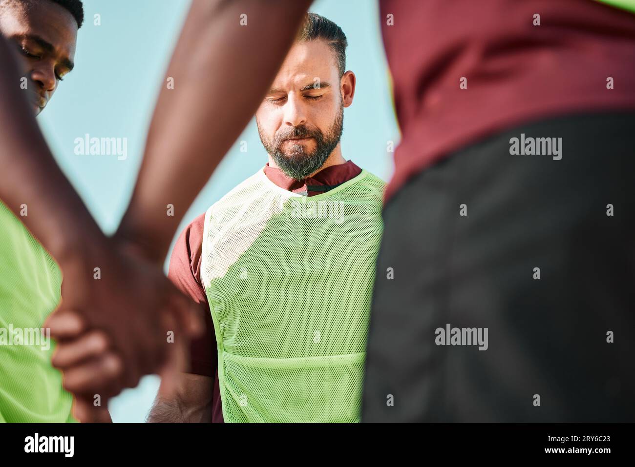 Rugby, holding hands or men with teamwork, game and training with ...