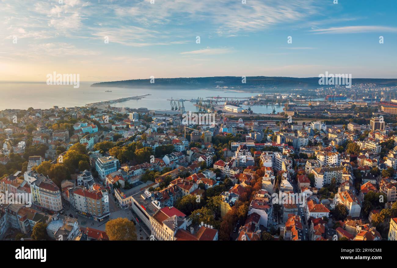 Aerial view above downtown of Varna, Bulgaria. Cityscape landscape ...