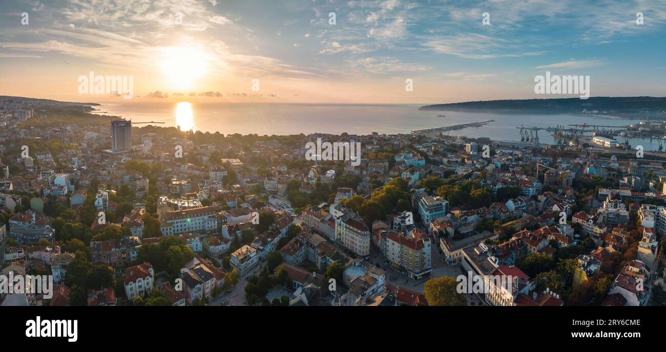 Aerial view above downtown of Varna, Bulgaria. Cityscape landscape ...
