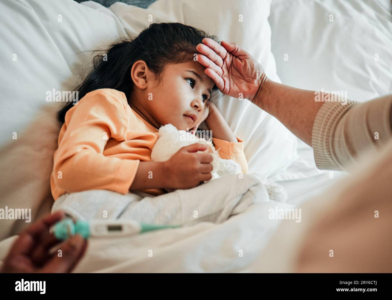 Girl child, check for fever and sick in bed with thermometer, health ...