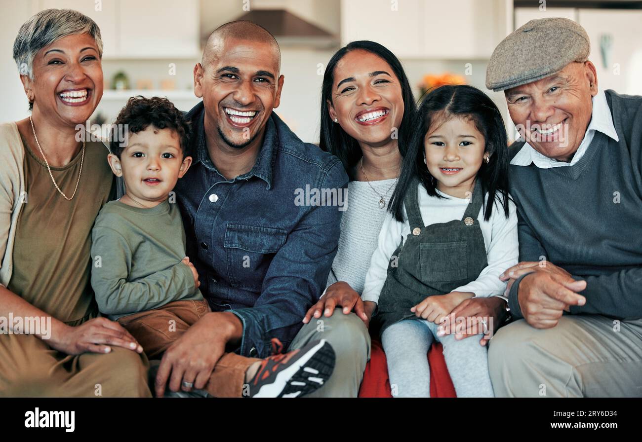 Family, grandparents and portrait of children on sofa for bonding ...