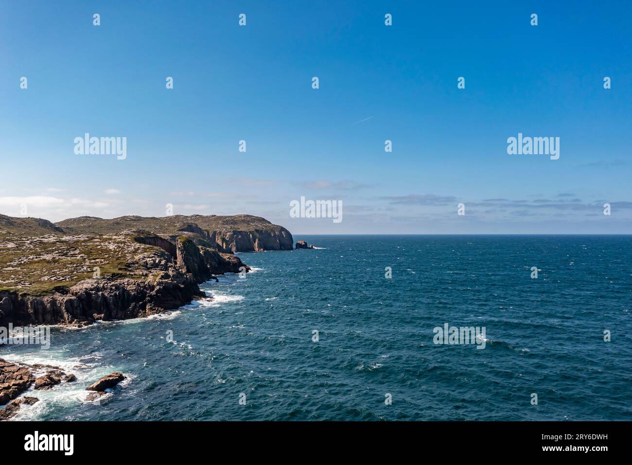 Aerial view of cliffs and sea stacks on Owey Island, County Donegal ...