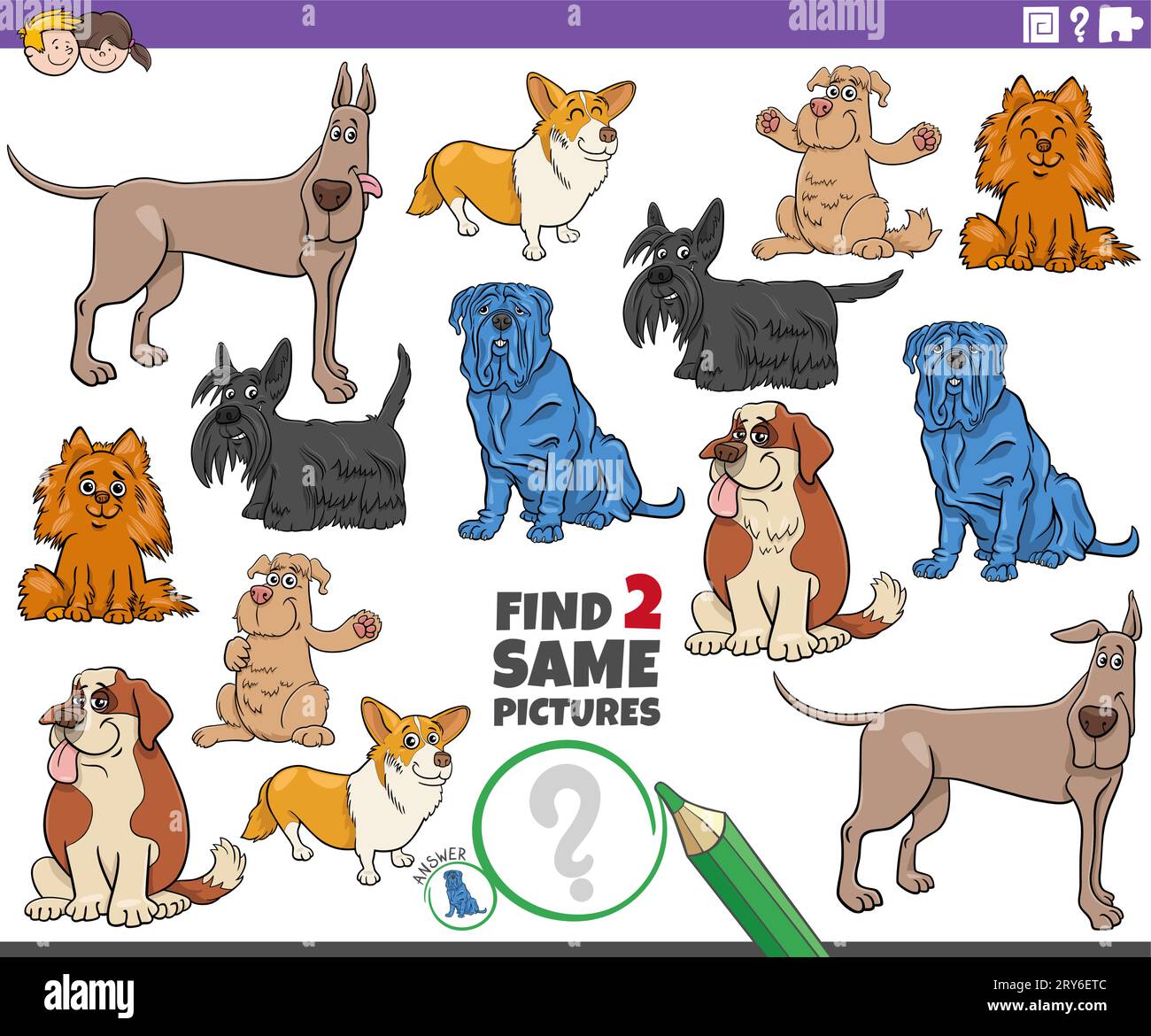 Cartoon illustration of finding two same pictures educational activity ...