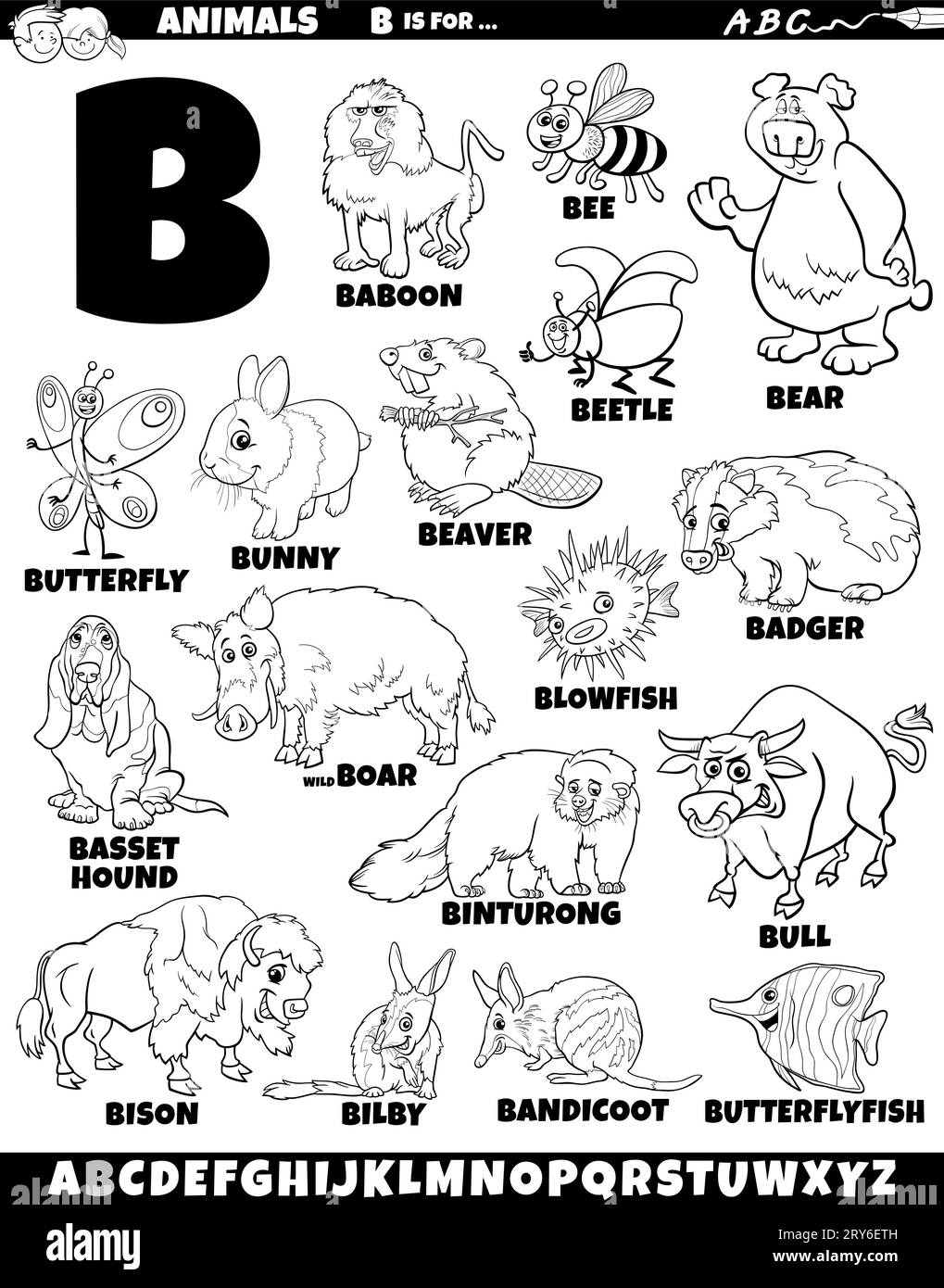 Cartoon illustration of animal characters set for letter B coloring ...