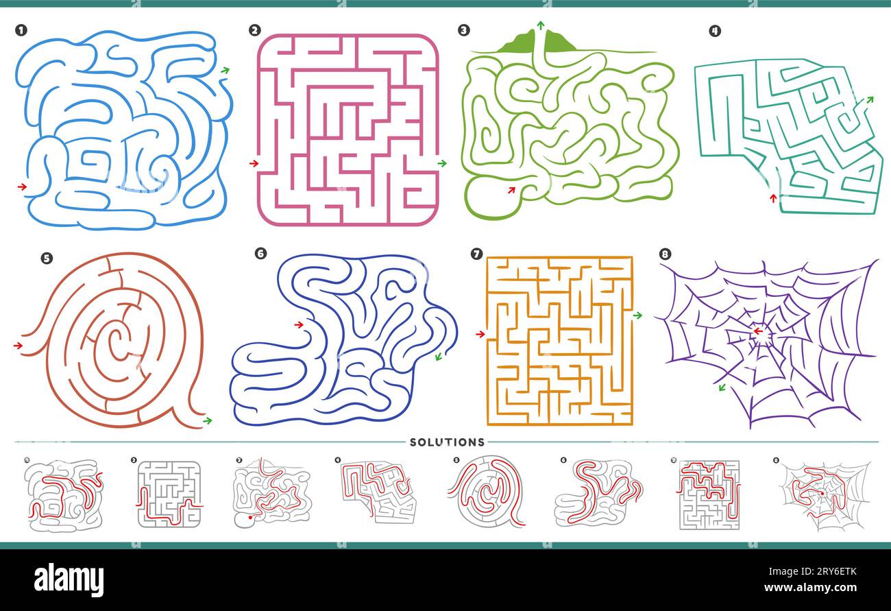 Illustration of maze puzzle activities graphs set with solutions Stock ...