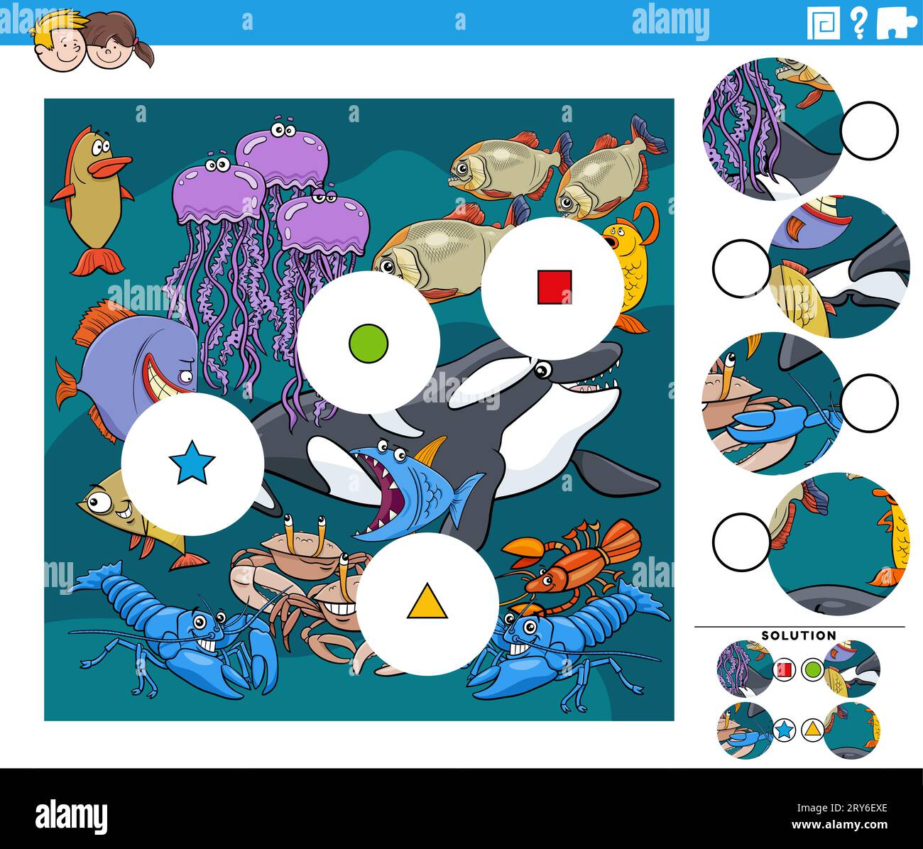 Cartoon illustration of educational match the pieces jigsaw puzzle game ...