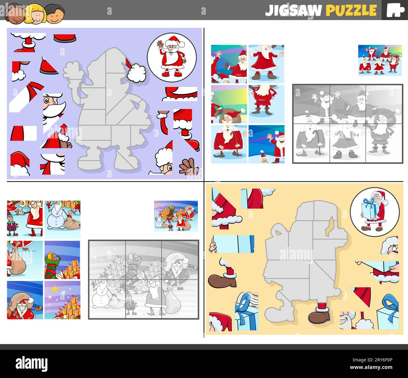 Cartoon illustration of educational jigsaw puzzle games set with Santa ...