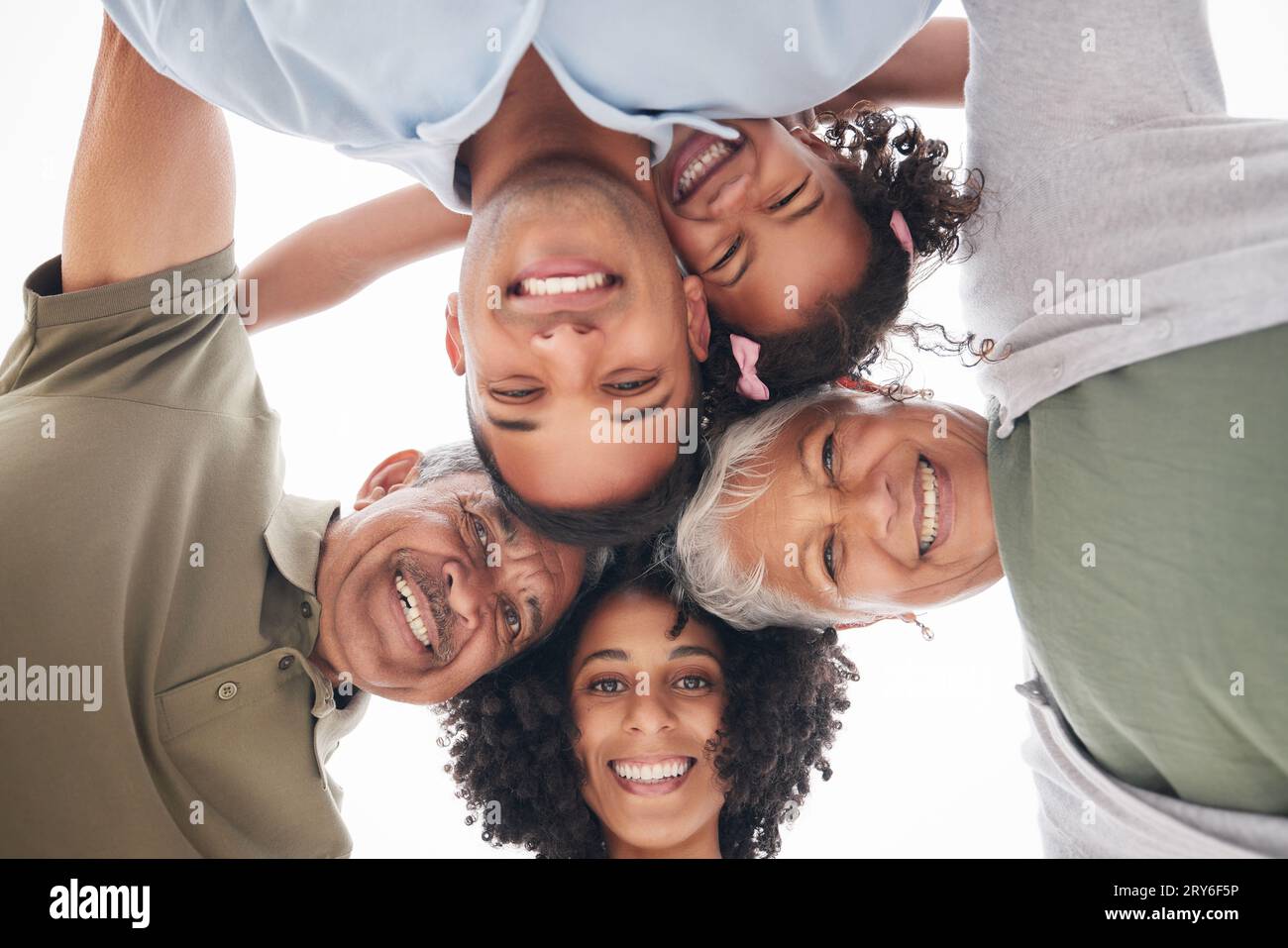 Happy family, circle and portrait from below with love, care and ...
