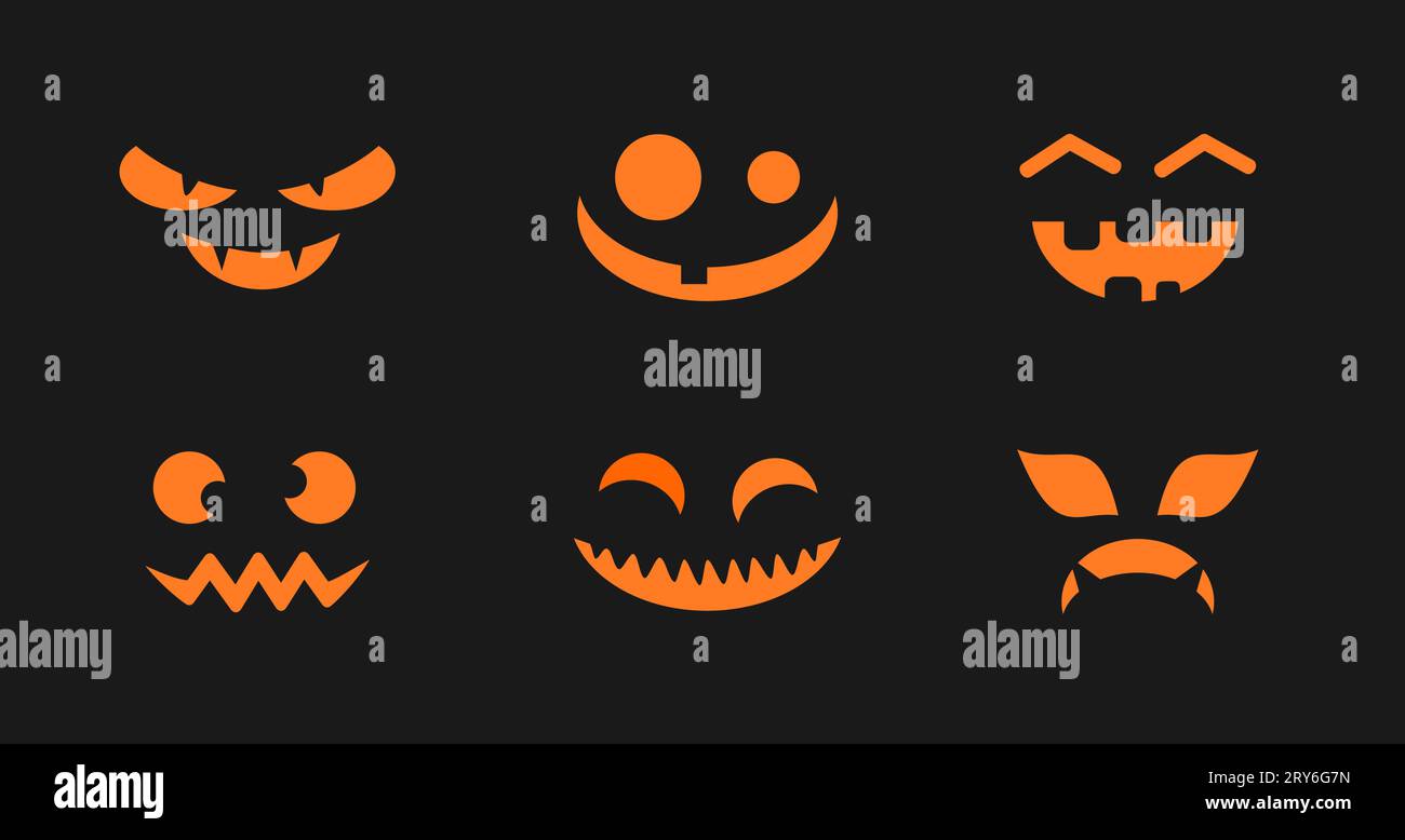 A collection of carved pumpkin faces. Halloween scary and funny orange ...
