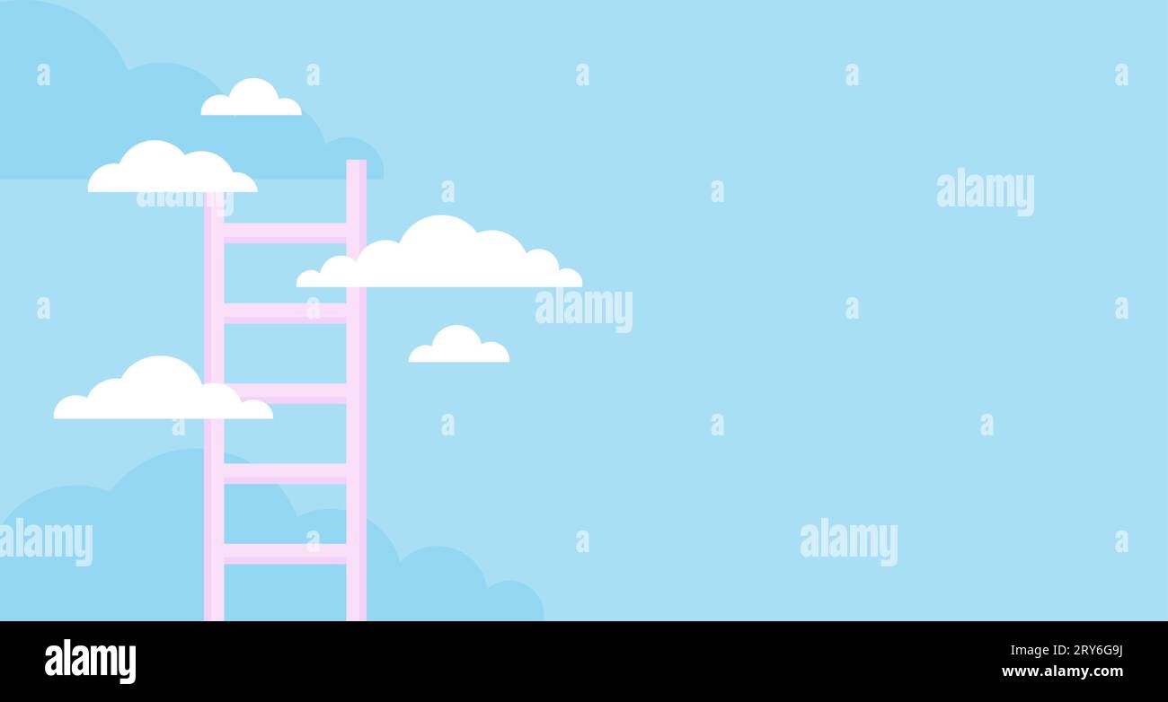 Pink ladder on blue cloudy background with copy space. Flat vector ...