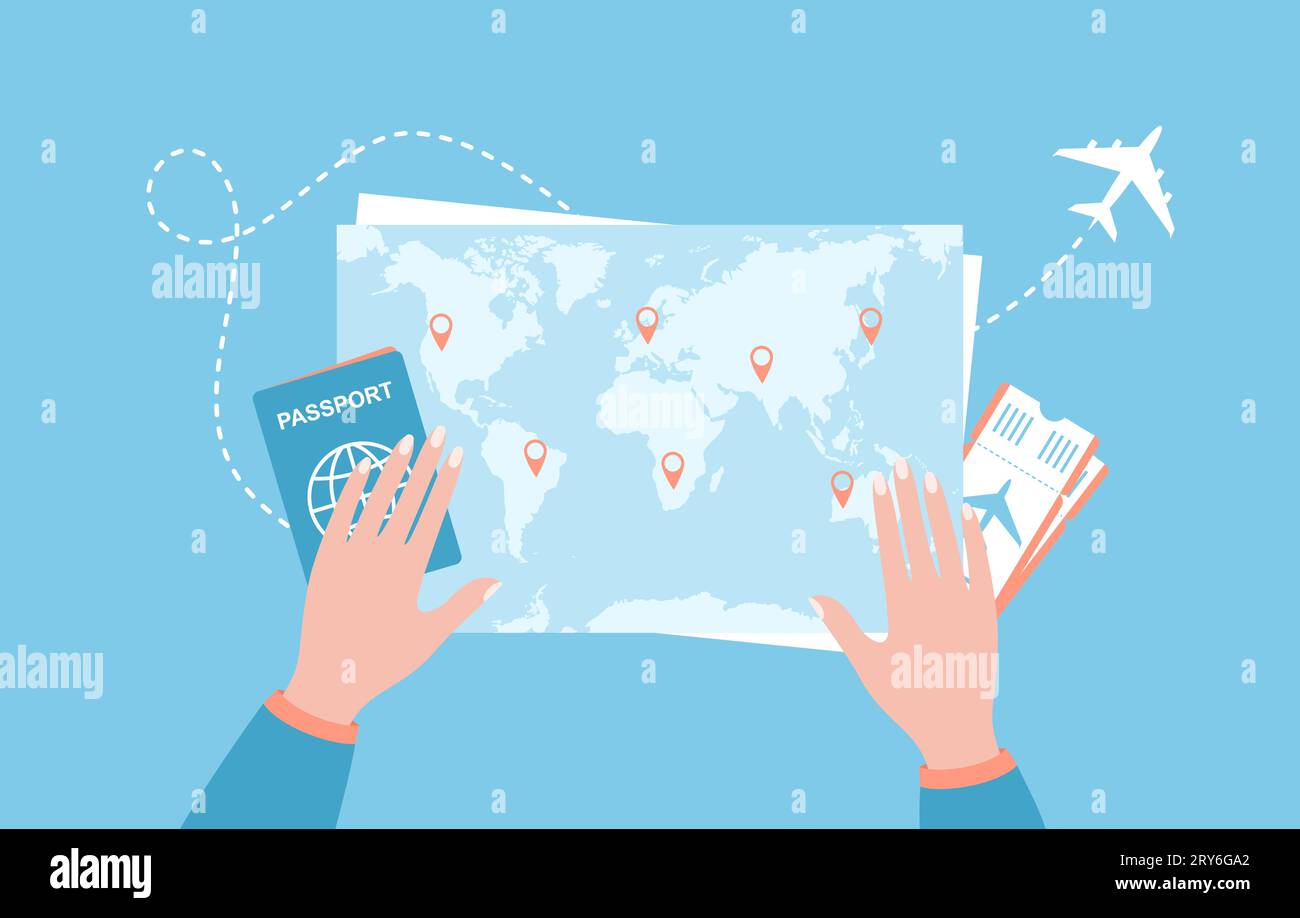 Travel route planning. Hands on world map with passport and plane ...