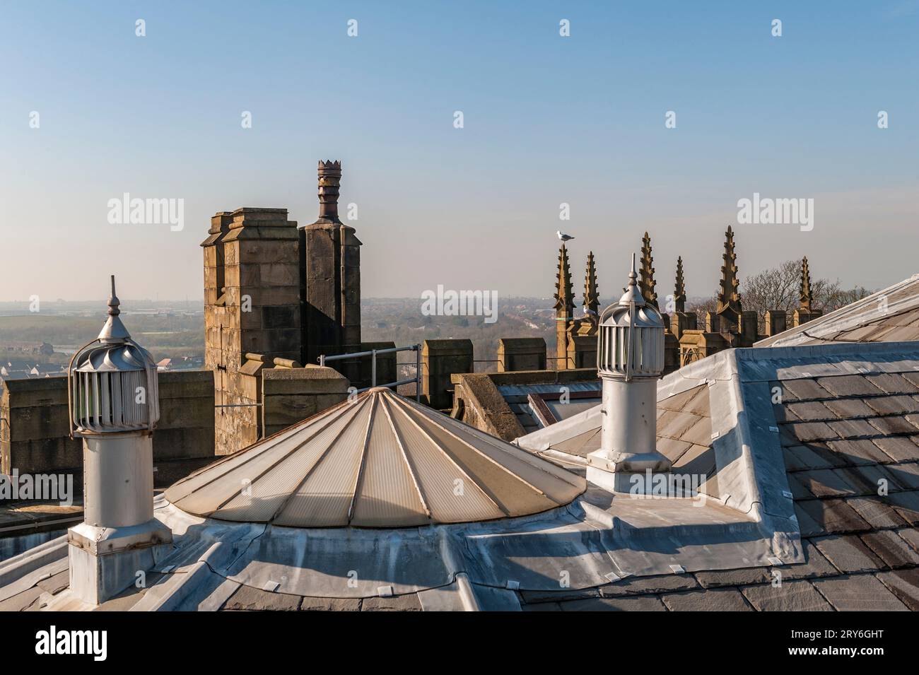 Lancaster Castle, Lancashire, UK. View over the roofs of the old prison ...