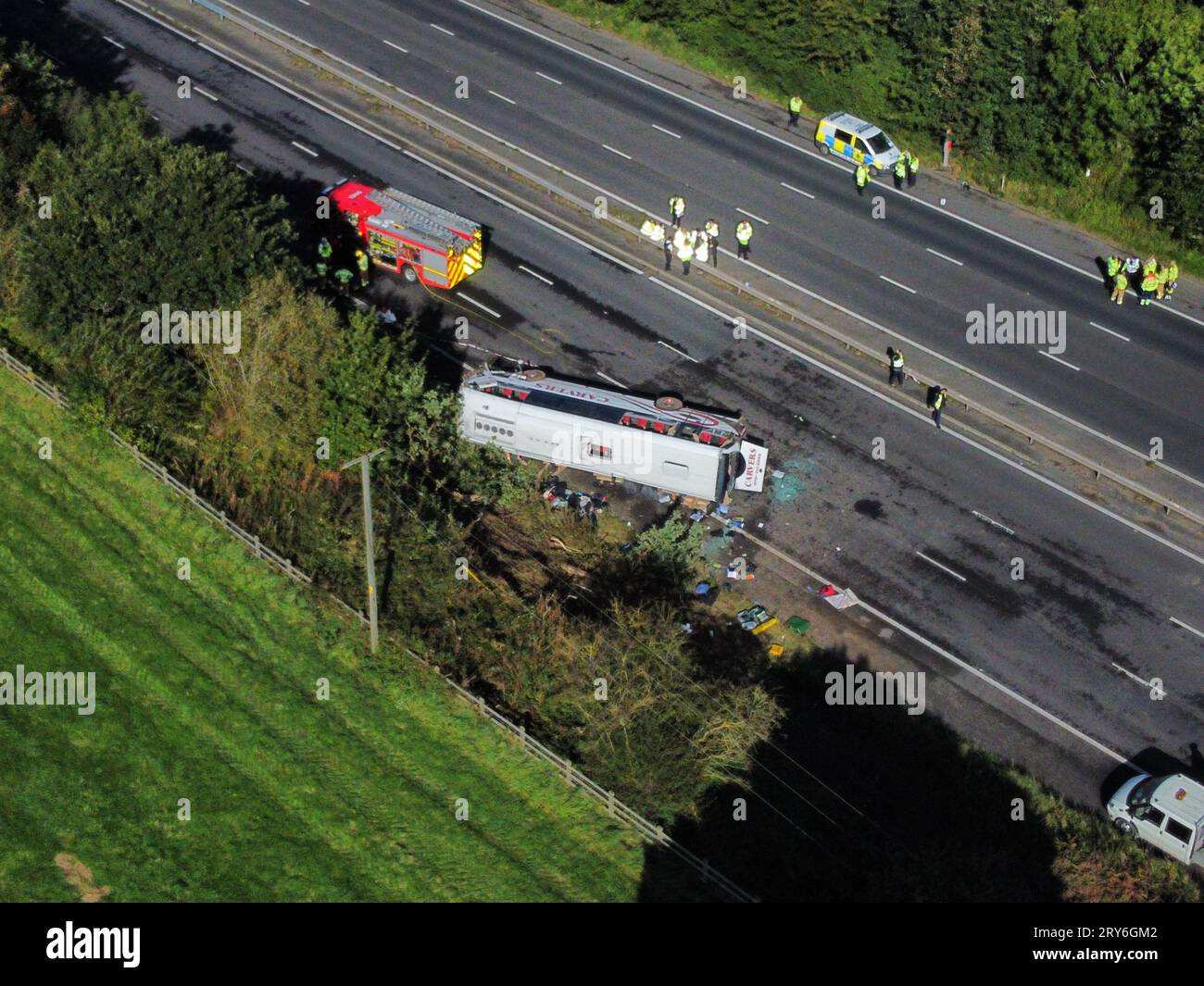 Emergency services at the scene of a coach crash on the M53 motorway ...