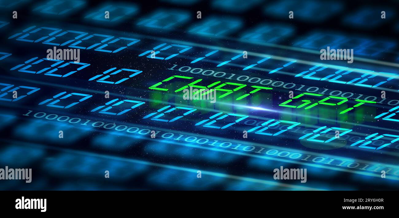 Coding hologram, ai programming and dark background with chat machine, large language model or ...