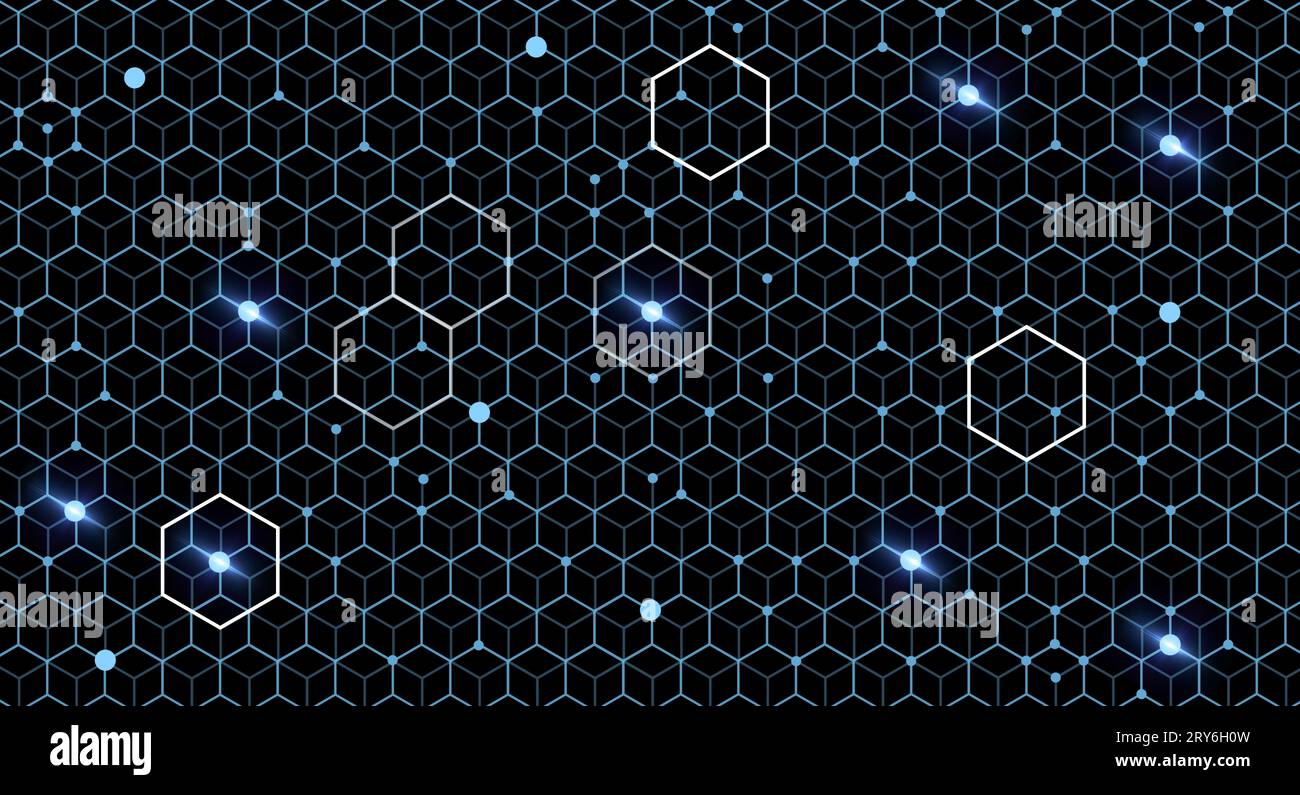 Blue hexagon, pattern and light on black background with dots, texture ...