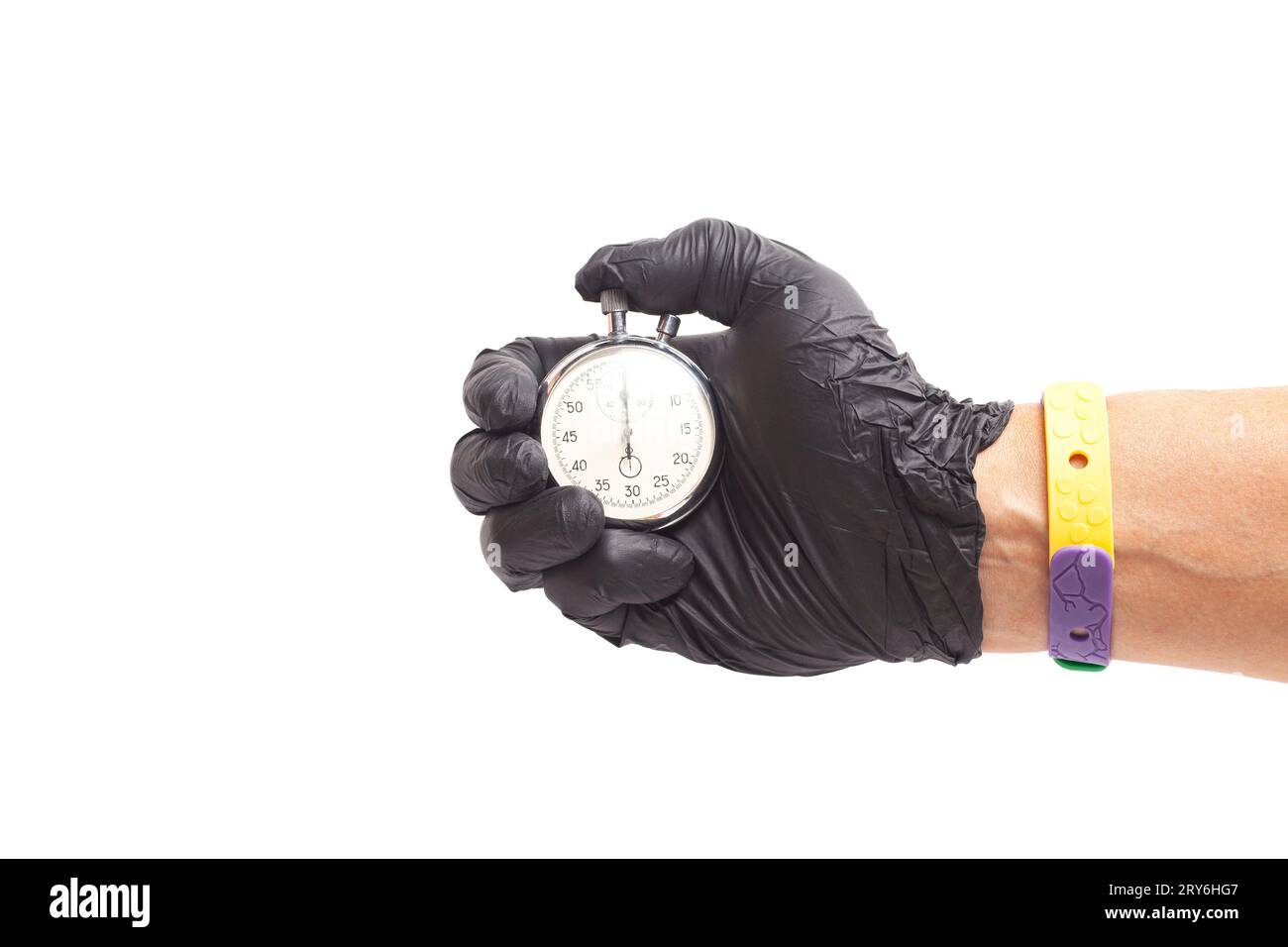 doctor's hand in black surgical medical gloves holds an activated ...