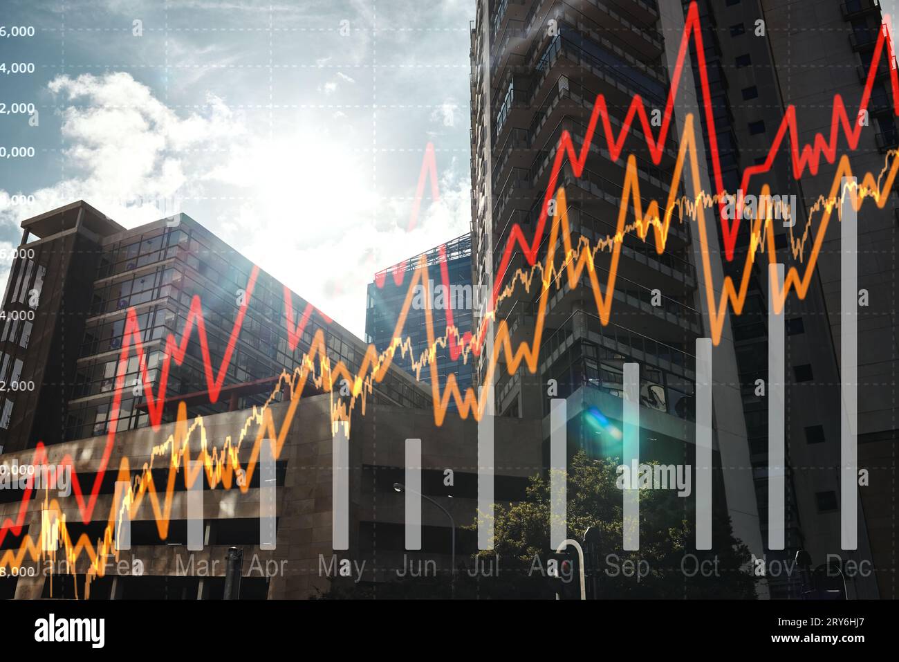 Finance chart overlay, city and data for inflation increase, stats or ...