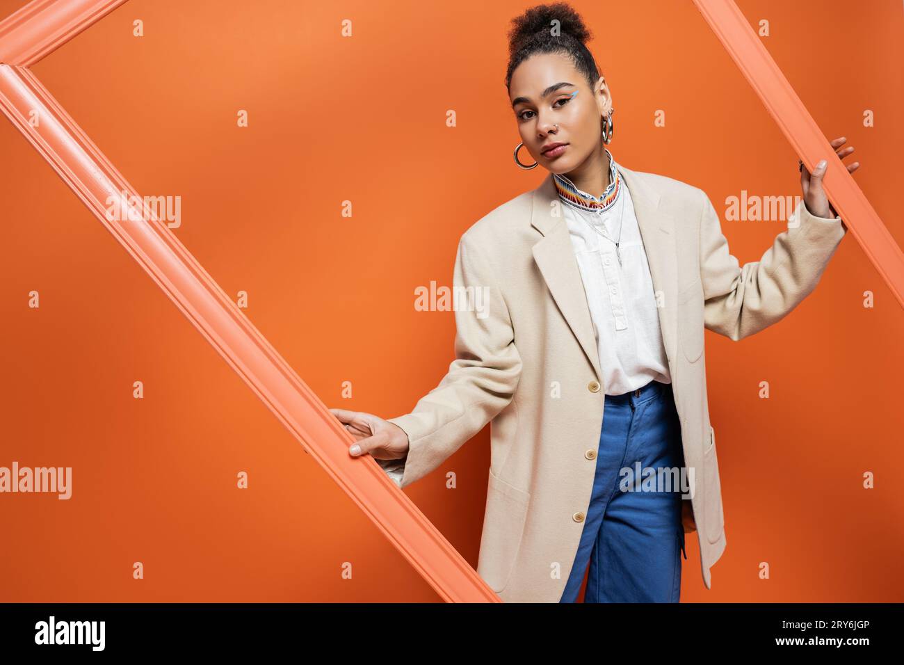 elegant classy fashion model in fashionable outfit and vivid makeup ...