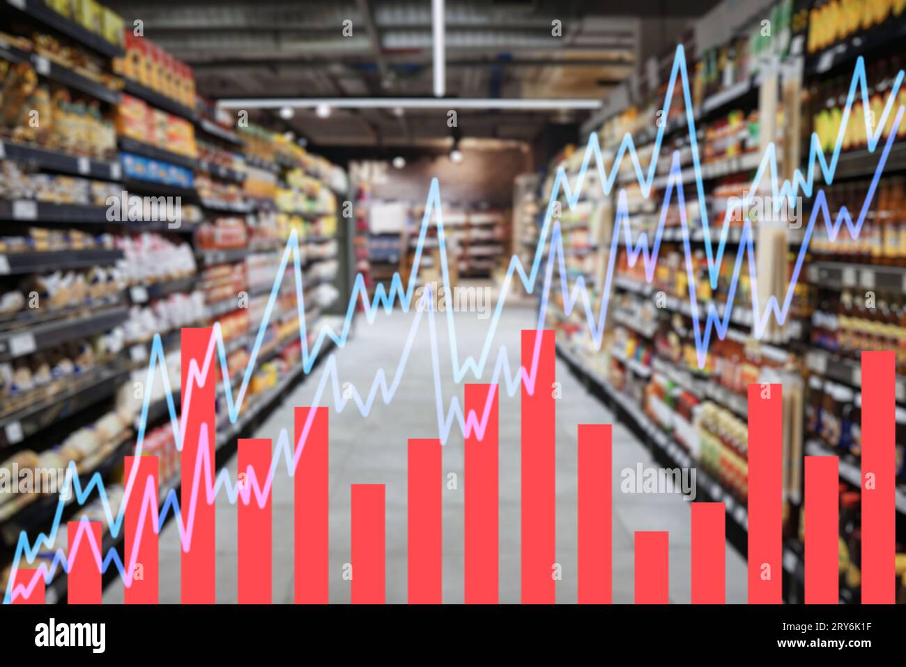 Chart, double exposure and supermarket for inflation increase in cost ...
