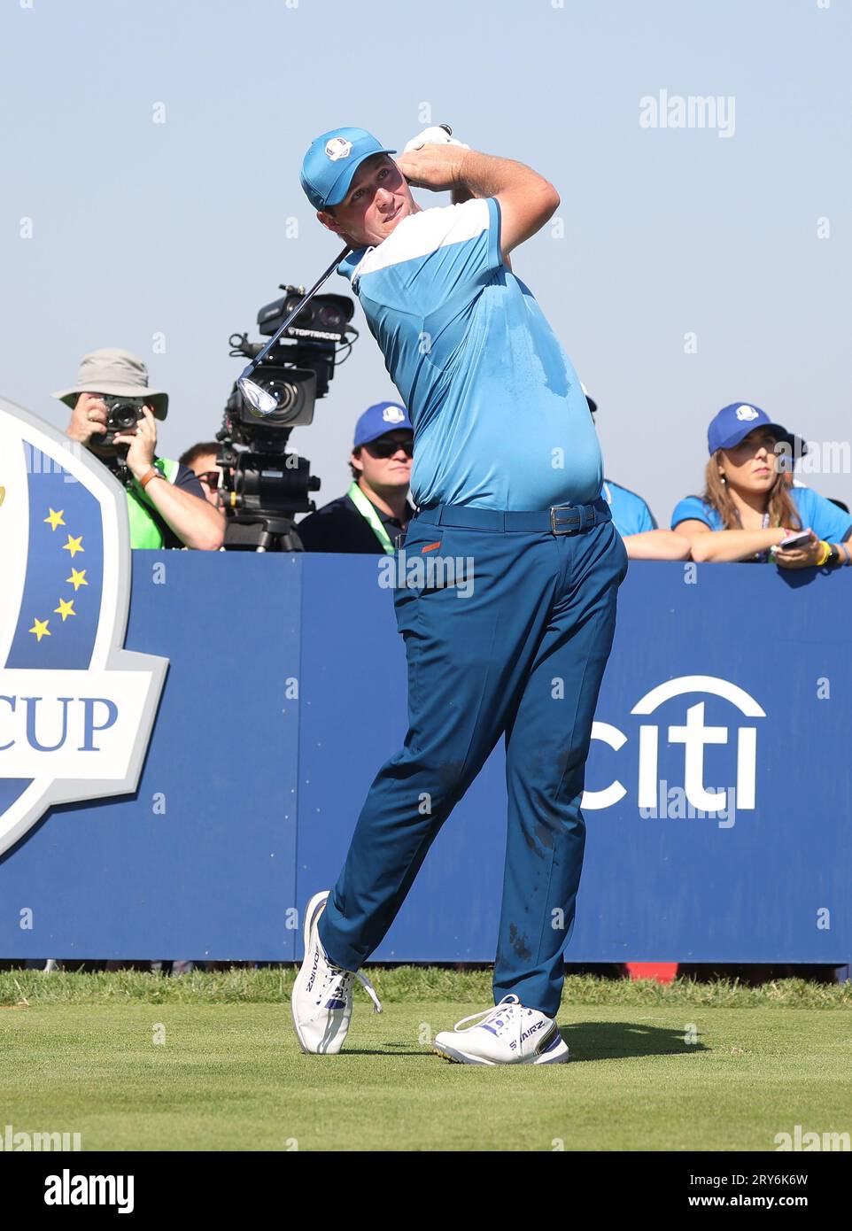 Rome, Italy. 29th Sep, 2023. Team Europe's Sepp Straka drives on the ...