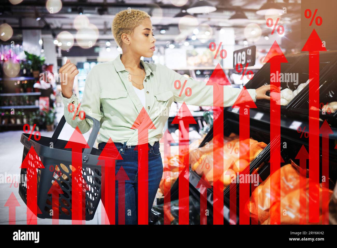 Woman, grocery store and graphs for shopping inflation, price increase ...