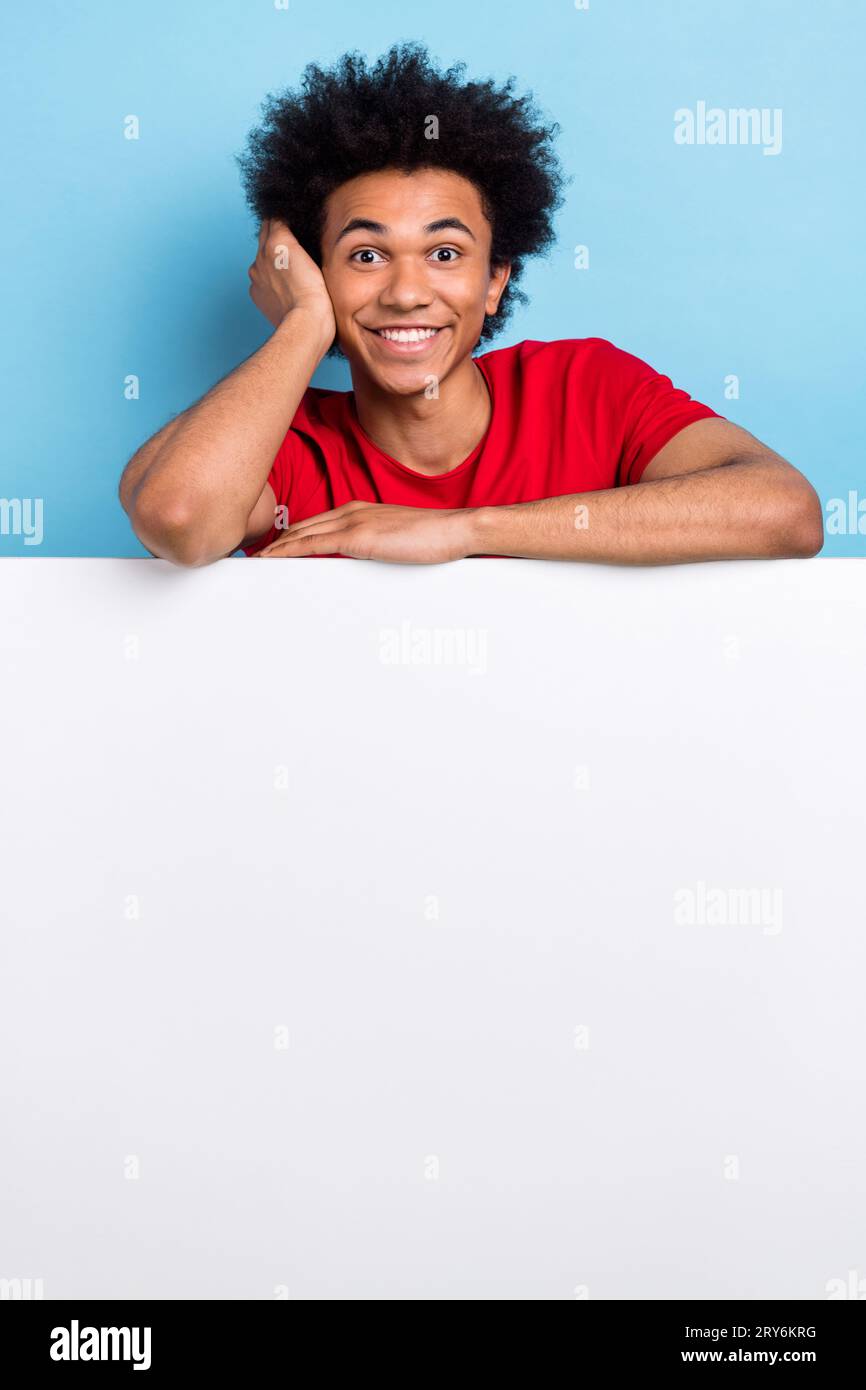 Vertical photo advertisement of millennial man white board poster empty ...