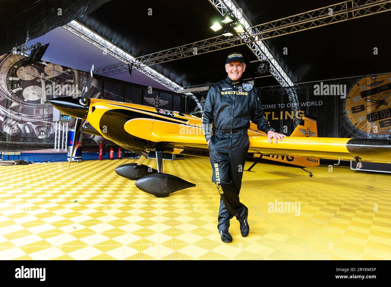 British pilot Nigel Lamb in the temporary hangar with Breitling ...