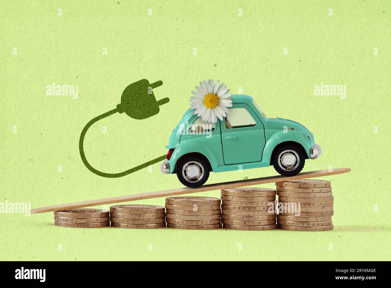 Toy car with daisy flower and electric plug on raising piles of coins ...