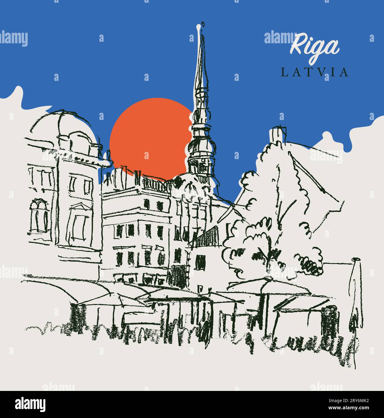 Vector hand drawn sketch illustration of a street in Riga, the capital ...