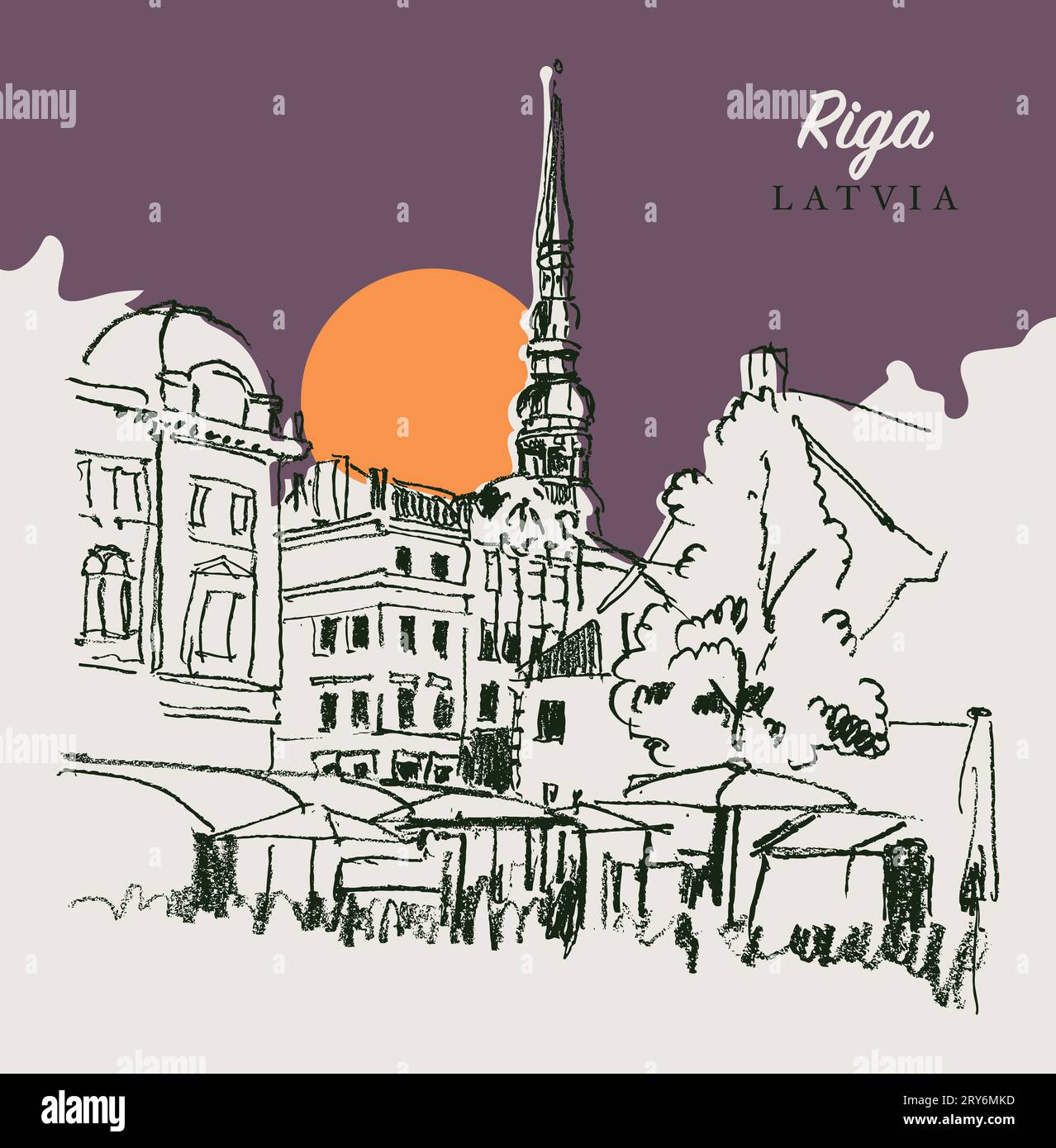 Vector hand drawn sketch illustration of a street in Riga, the capital ...