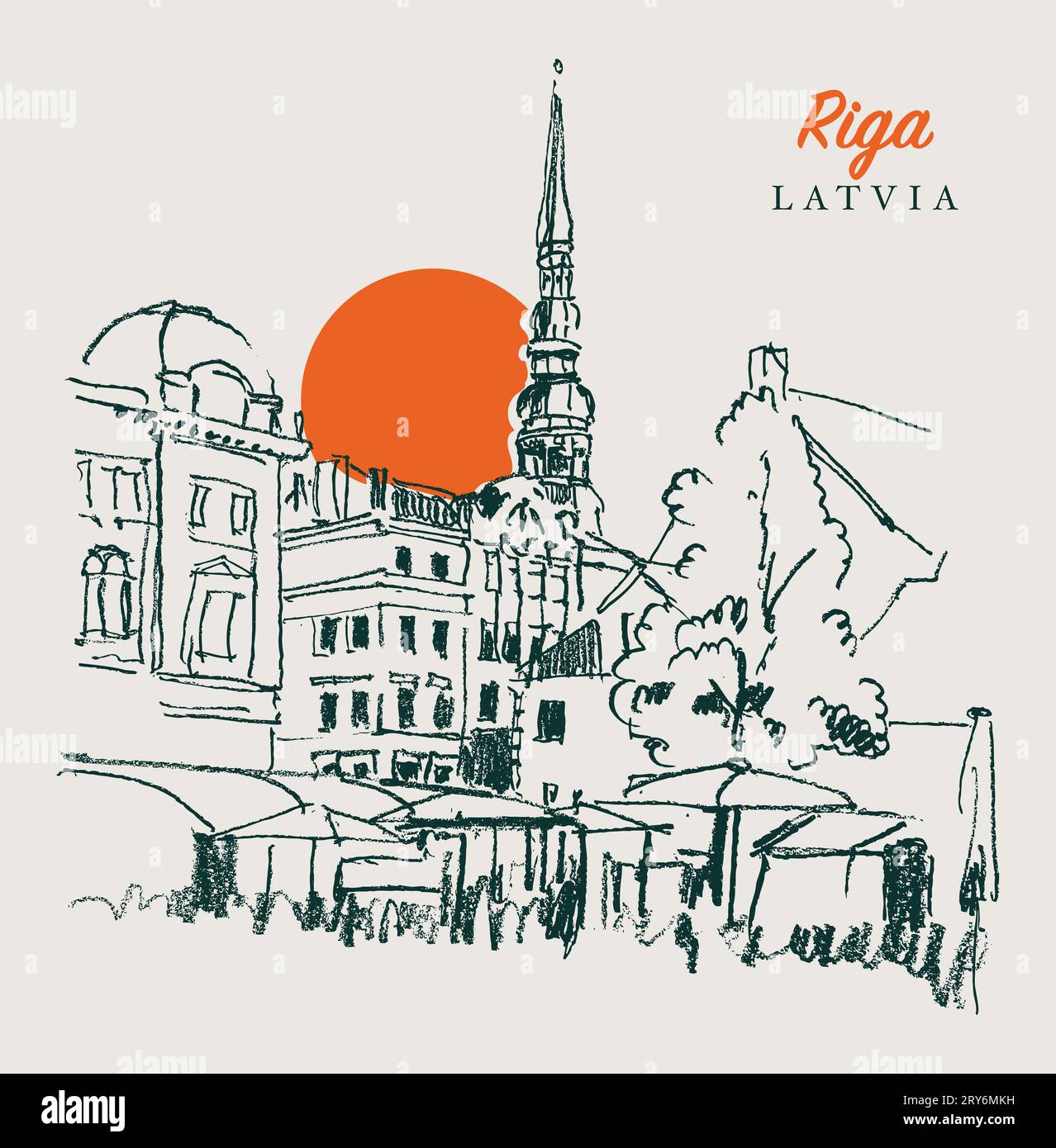 Vector hand drawn sketch illustration of a street in Riga, the capital ...