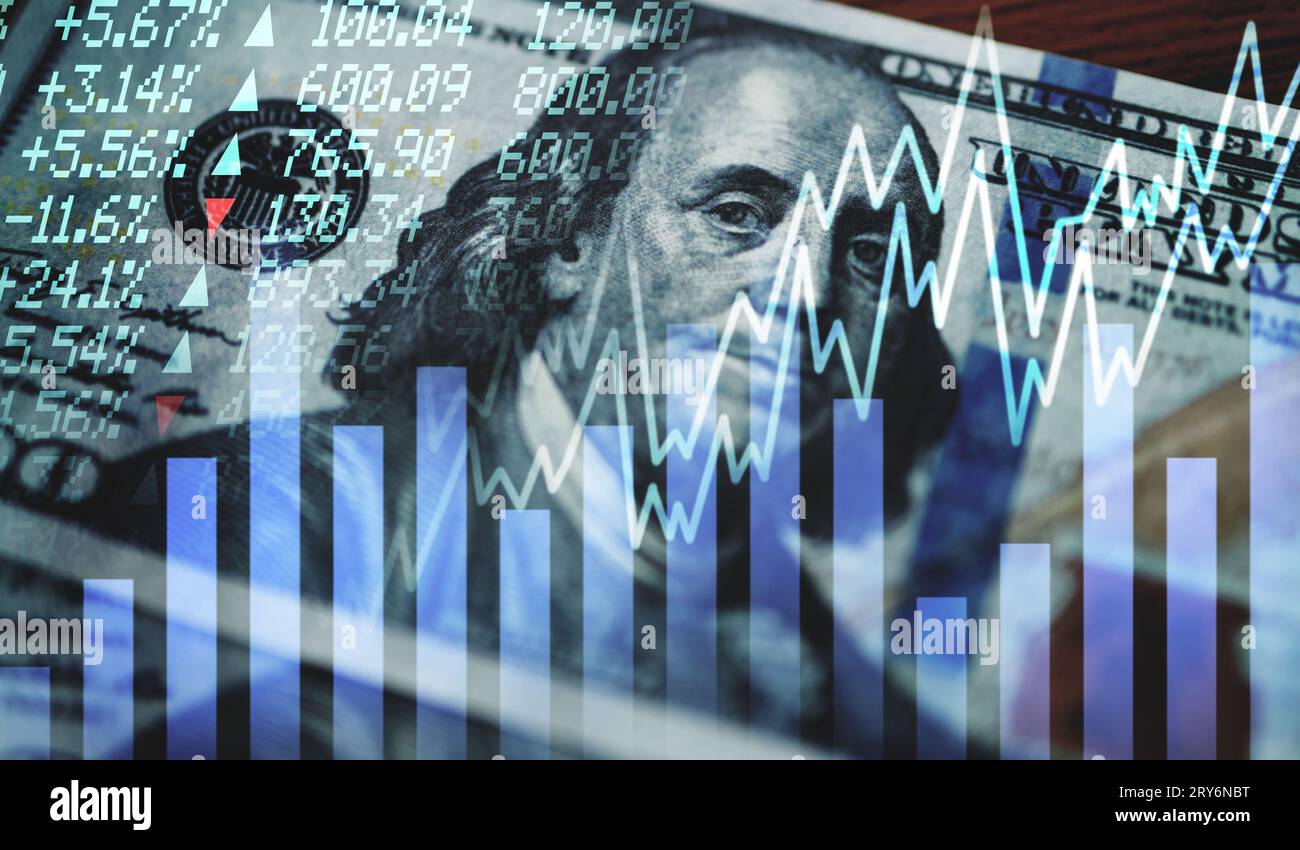 Cash, charts or stock market with trading, hologram or overlay for ...