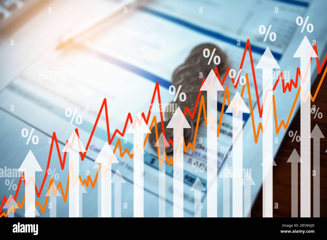 Coins, charts or stock market with trading, hologram or overlay for ...