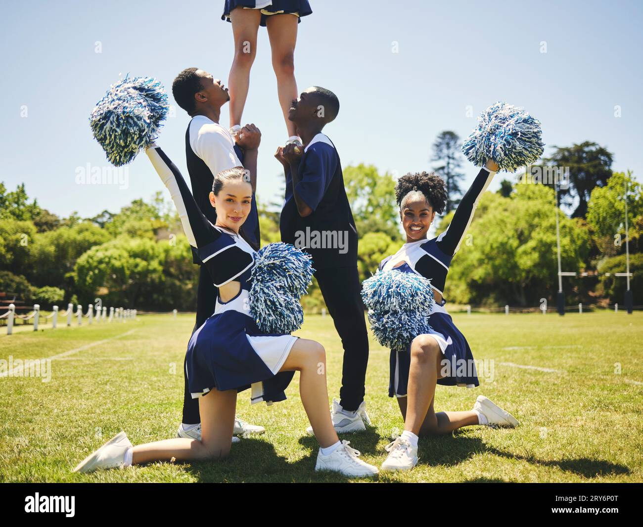 Cheerleader team, portrait and people in formation, dance and ...